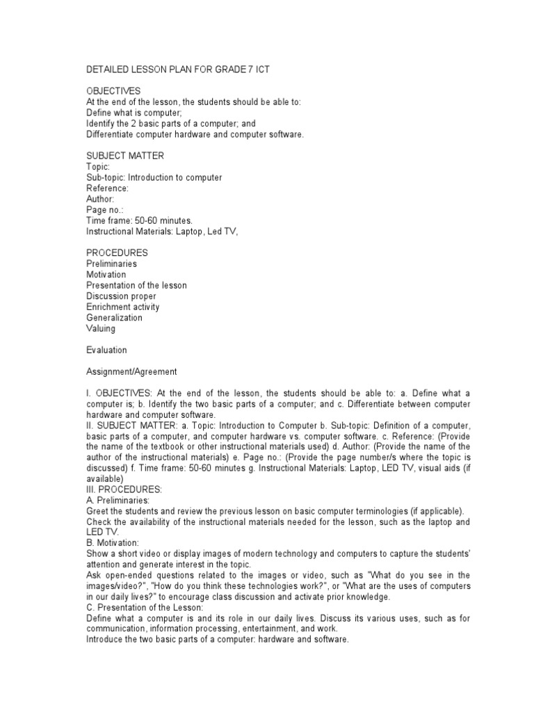 Detailed Lesson Plan For Grade 7 Ict | PDF | Art