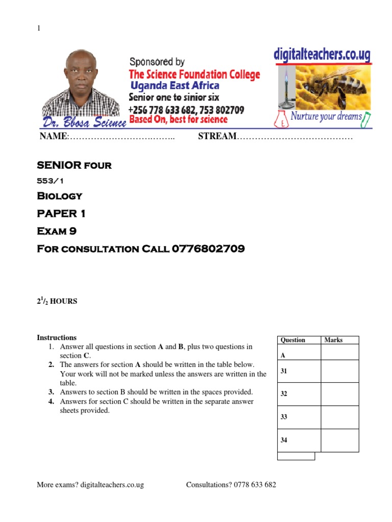 s4 Biology Paper 1 Set 9 | PDF | Vertebral Column | Human Body