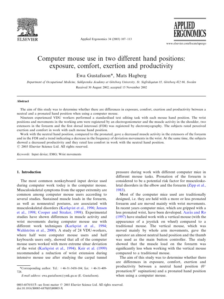 Gustafsson Et Al. (2003) - Computer Mouse Use in Two Different Hand ...