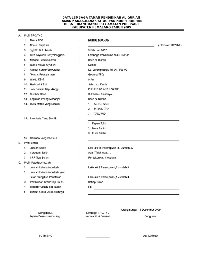 Data Lembaga Taman Pendidikan Al | PDF