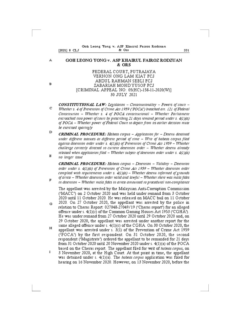 GOH LEONG YONG v. ASP KHAIRUL FAIROZ RODZUAN & ORS | Download Free PDF | Remand (Detention ...