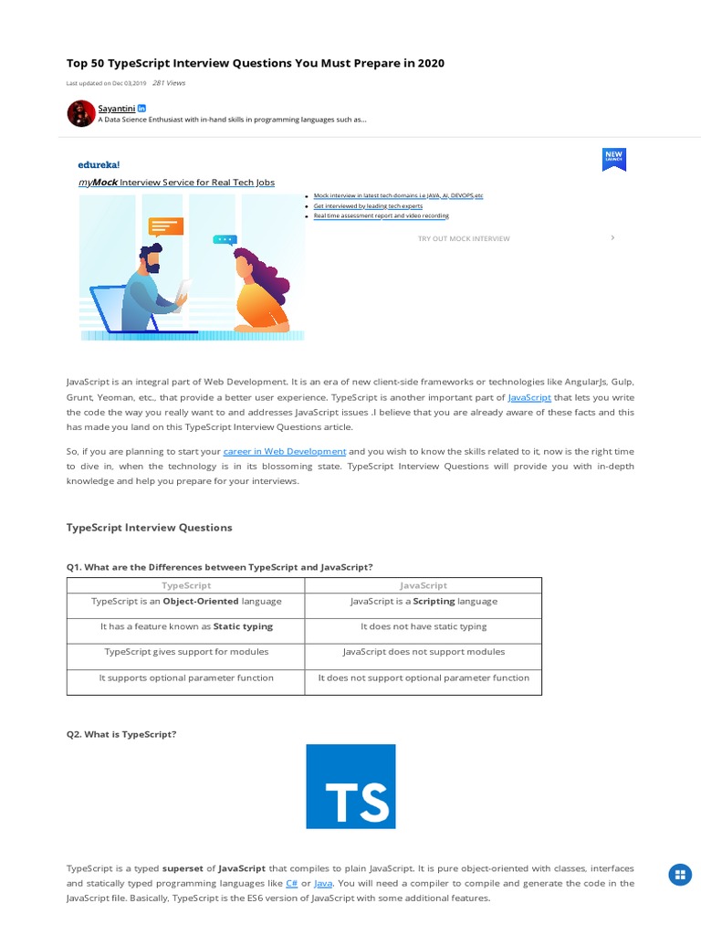 Top 50 TypeScript Interview Questions You Must Know in 2020 - Edureka | PDF