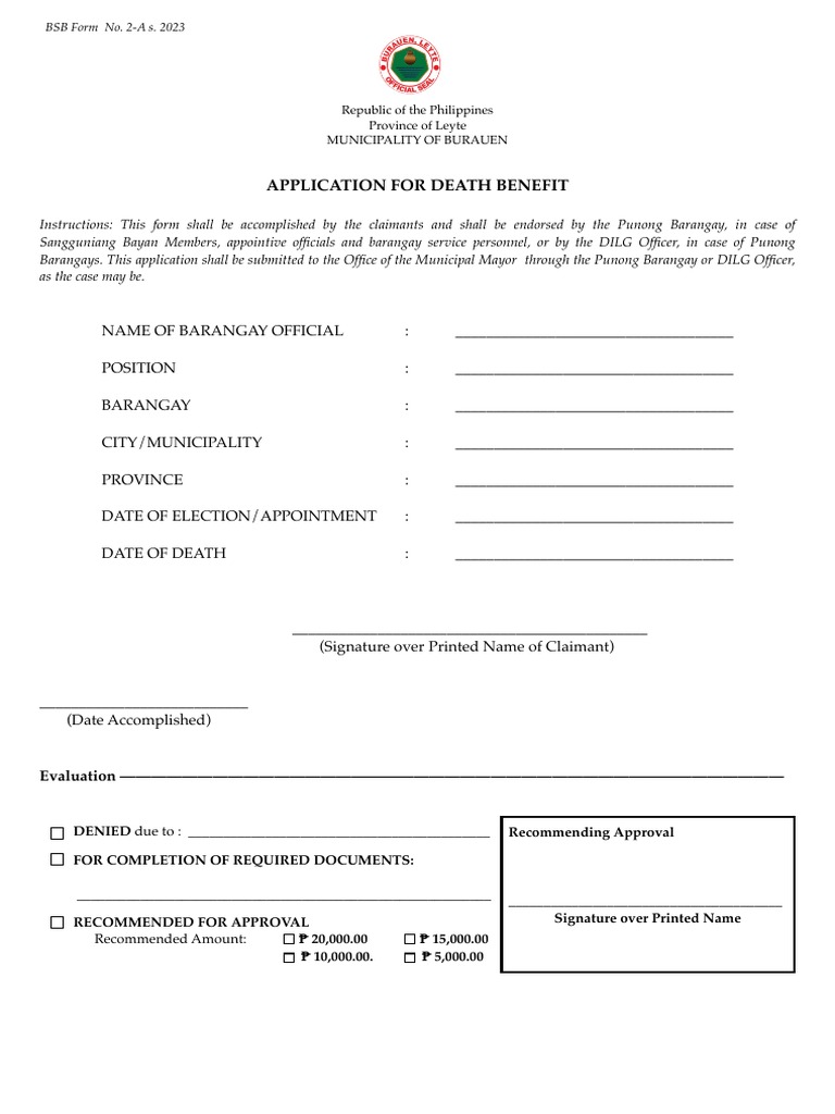 BSB FORM NO. 2-A - Application For Death Benefit | PDF | Government ...
