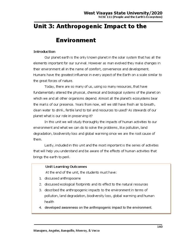 Introduction To Unit 3 Lesson 10 | PDF | Anthropocene | Human Impact On ...