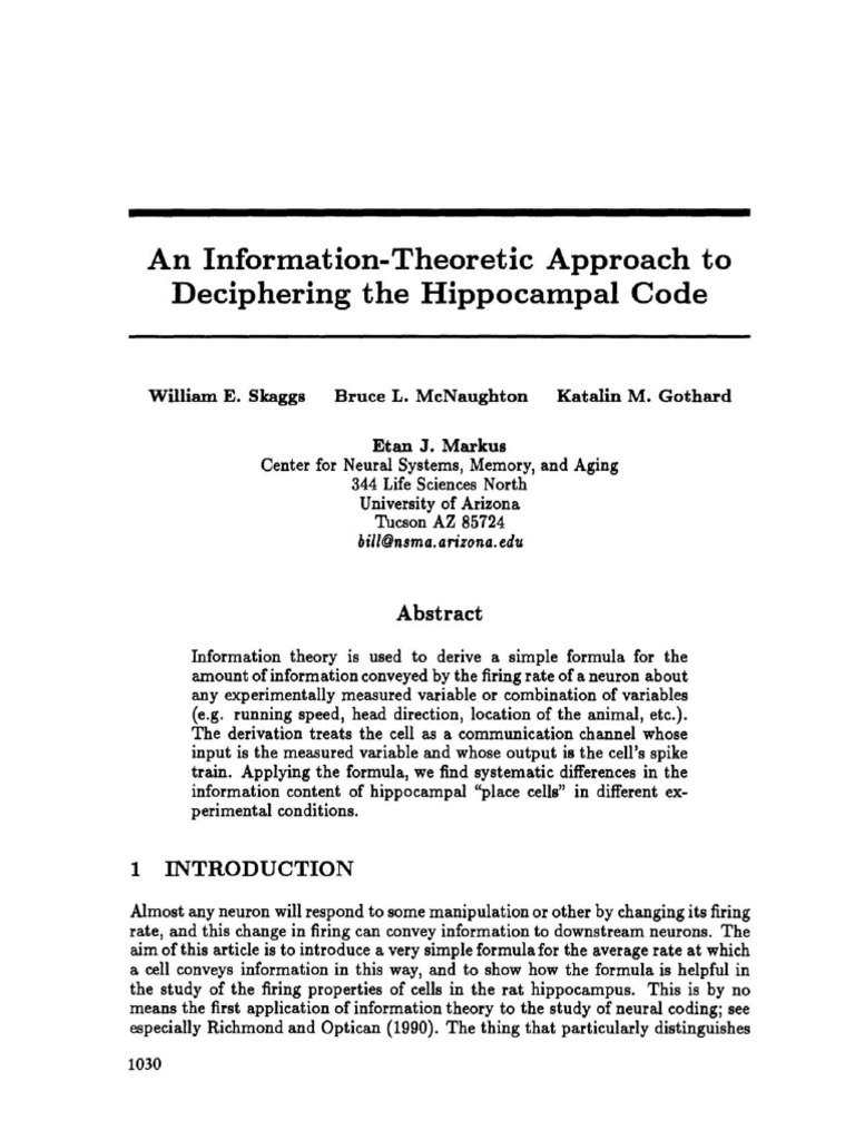NIPS 1992 An Information Theoretic Approach To Deciphering The Hippocampal Code Paper | PDF ...