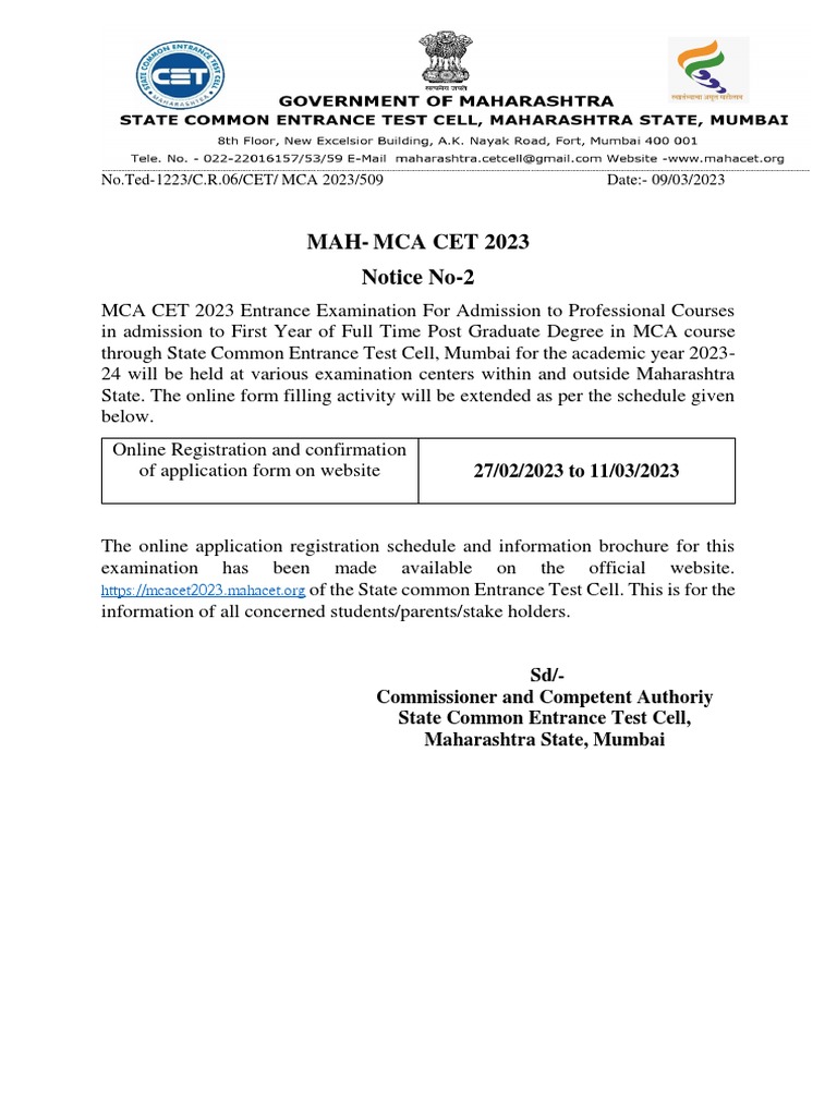 Mah-MCA CET 2023 Notice No-2 | PDF | Finance & Money Management