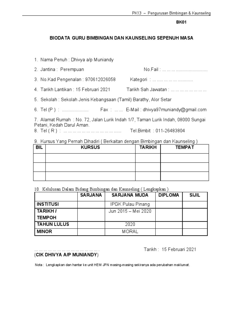 BK01 Biodata GBK | PDF