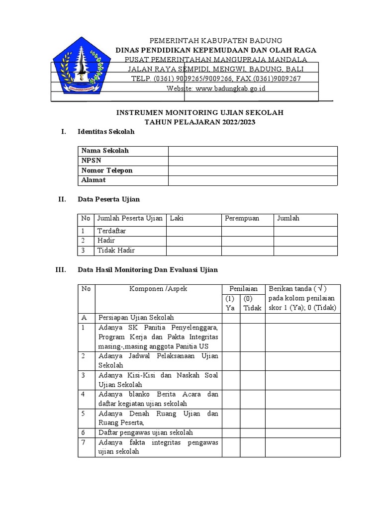 4.instrumen Monitoring Ujian Sekolah-2023 | PDF