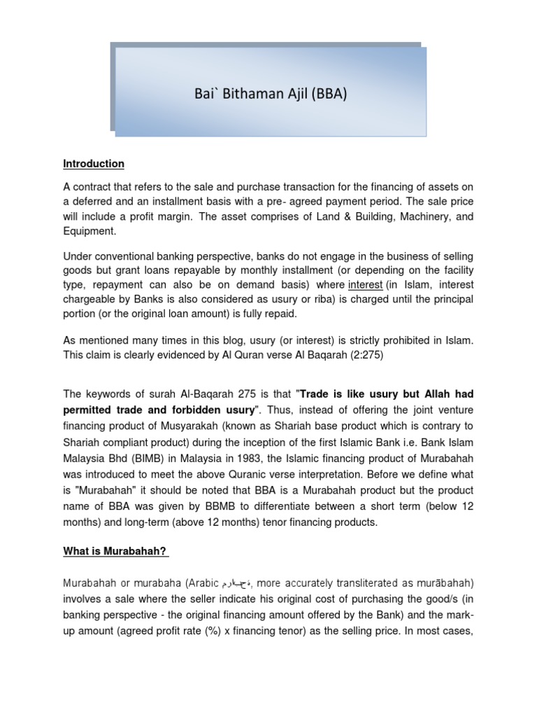 The Concept of Bai Bithaman Ajil BBA | PDF | Islamic Banking And ...