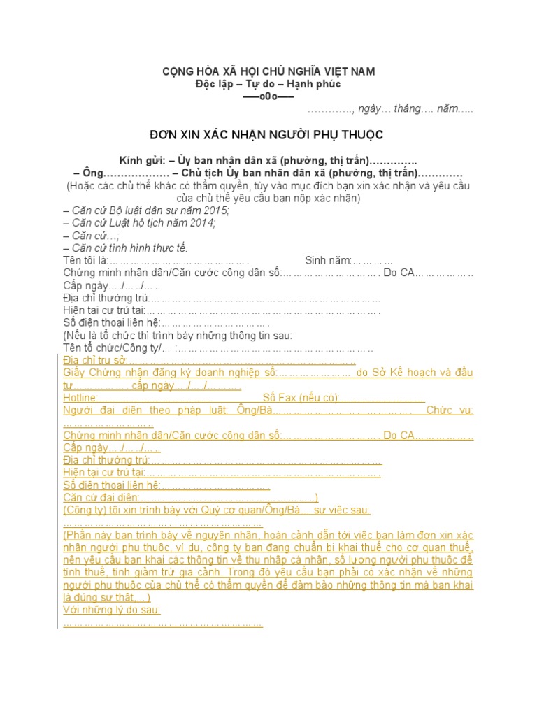 Mau Don Xin Xac Nhan Nguoi Phu Thuoc | PDF