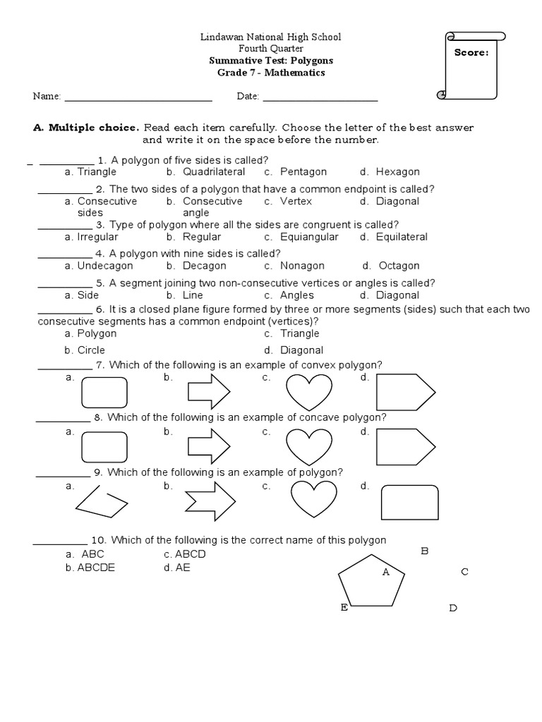 Summative Test 1 3rd Quarter Polygons | PDF | Polygon | Geometric Shapes