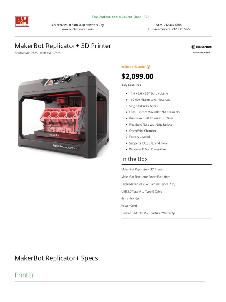MakerBot Replicator+ 3D Printer MP07825 B&H Photo Video | Download Free PDF | 3 D Printing ...