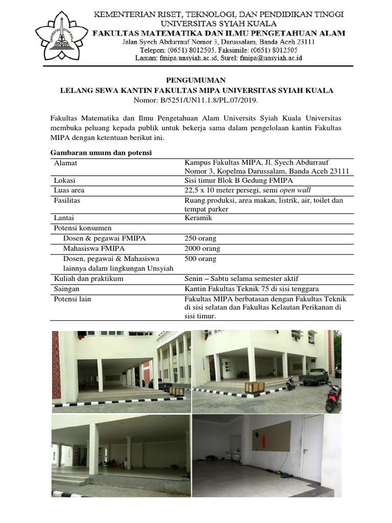 Pengumuman Lelang Kantin FMIPA Unsyiah 2019 | PDF | Sains & Matematika