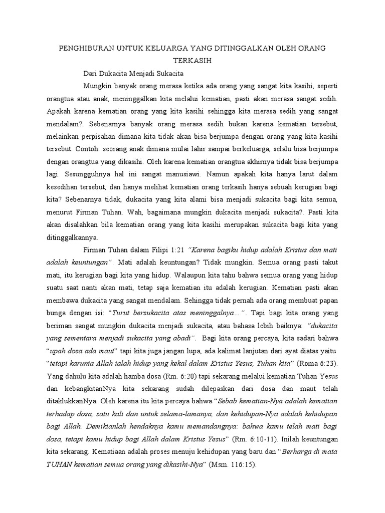 Khotbah Malam Penghiburan Untuk Keluarga Yang Ditinggalkan Oleh Orang