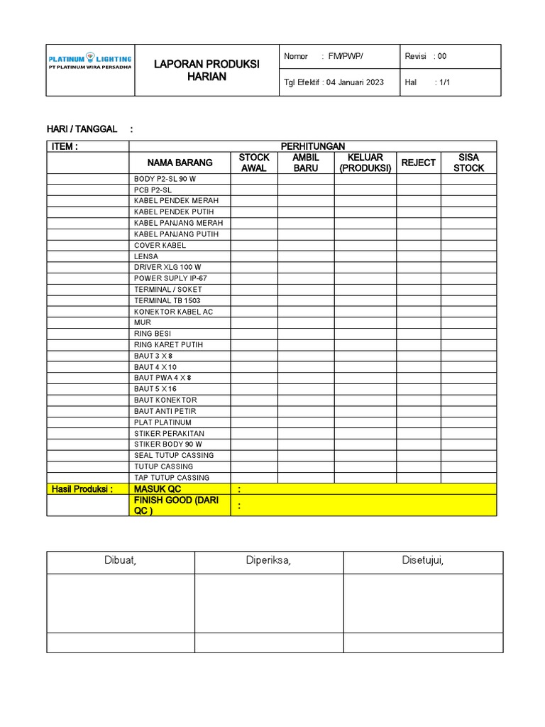 Form Lap. Produksi Harian | PDF