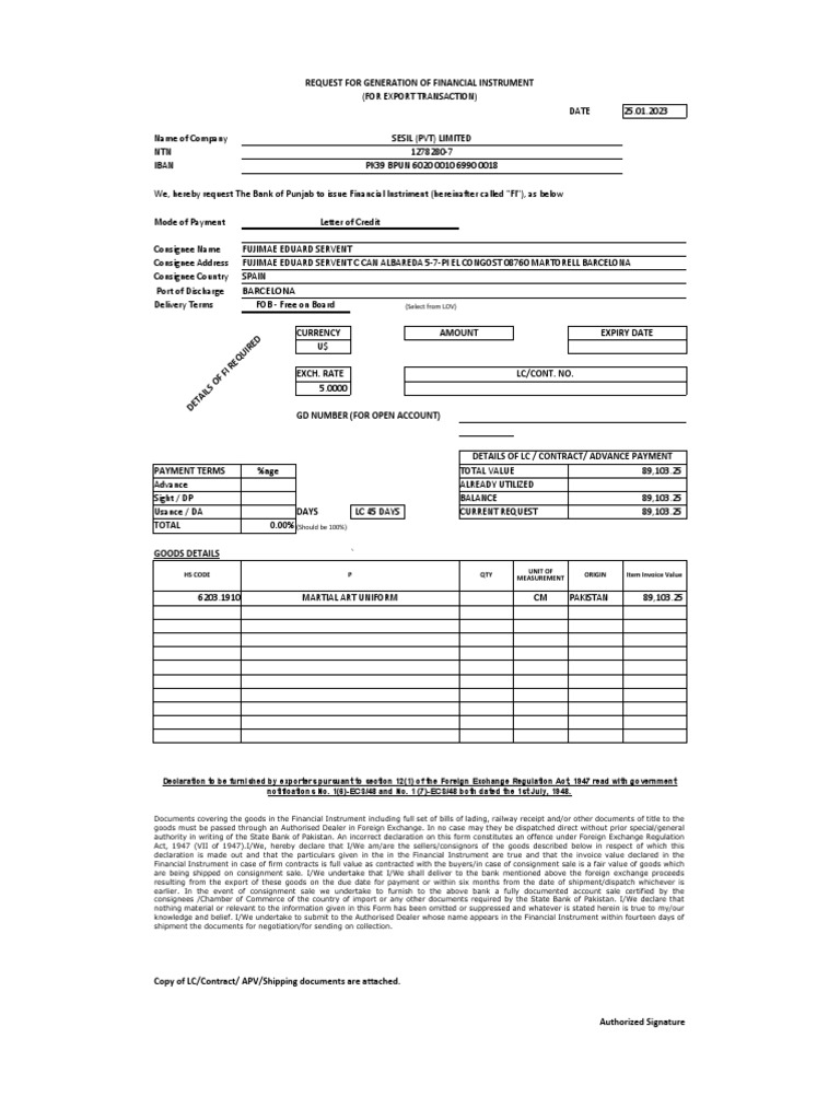 Request for Financial Instrument Generation | PDF | Invoice | Bill Of ...