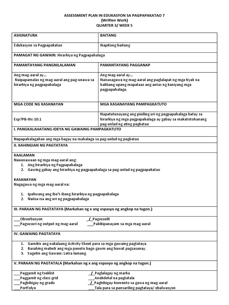 Assessment Plan in Esp Third Quarter | PDF
