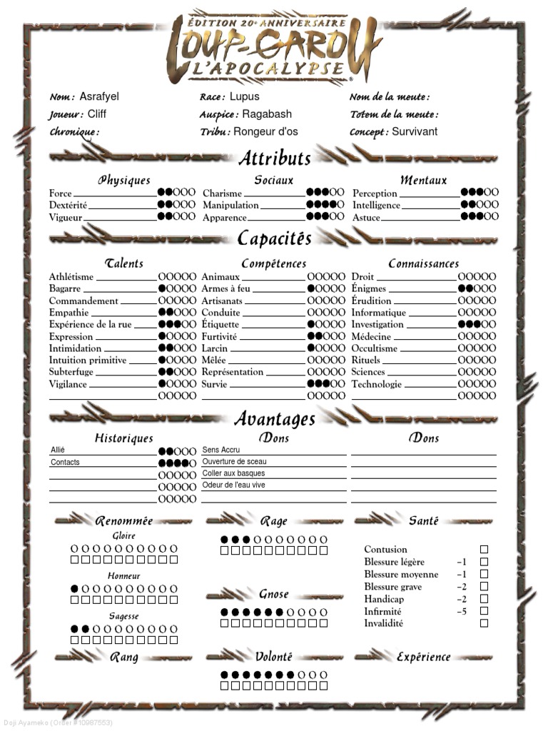 Ventsombre - Feuille de Personnage Ragabash Rongeur D'os - Lupus V20 ...