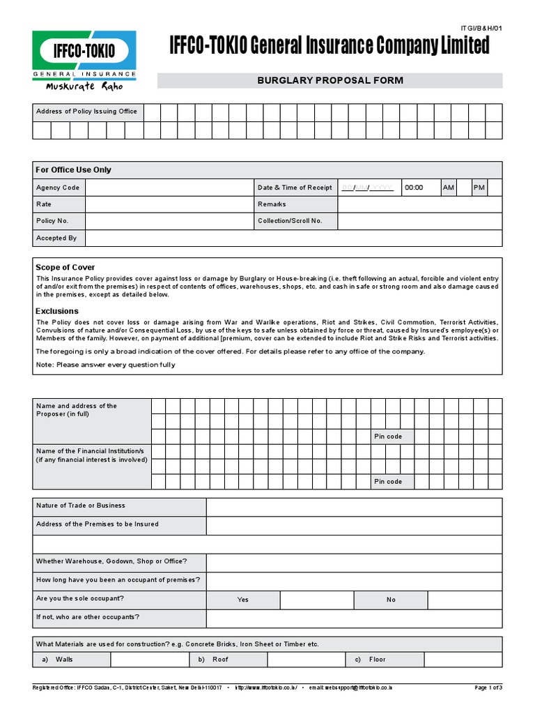 Burglary Insurance Proposal Form | Download Free PDF | Insurance | Burglary Burglary Insurance Proposal Form | Download Free PDF | Insurance | Burglary