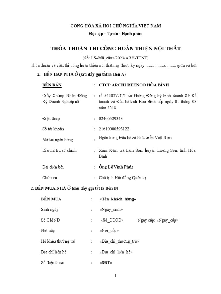 Thoa Thuan Thi Cong Hoan Thien Noi That | PDF