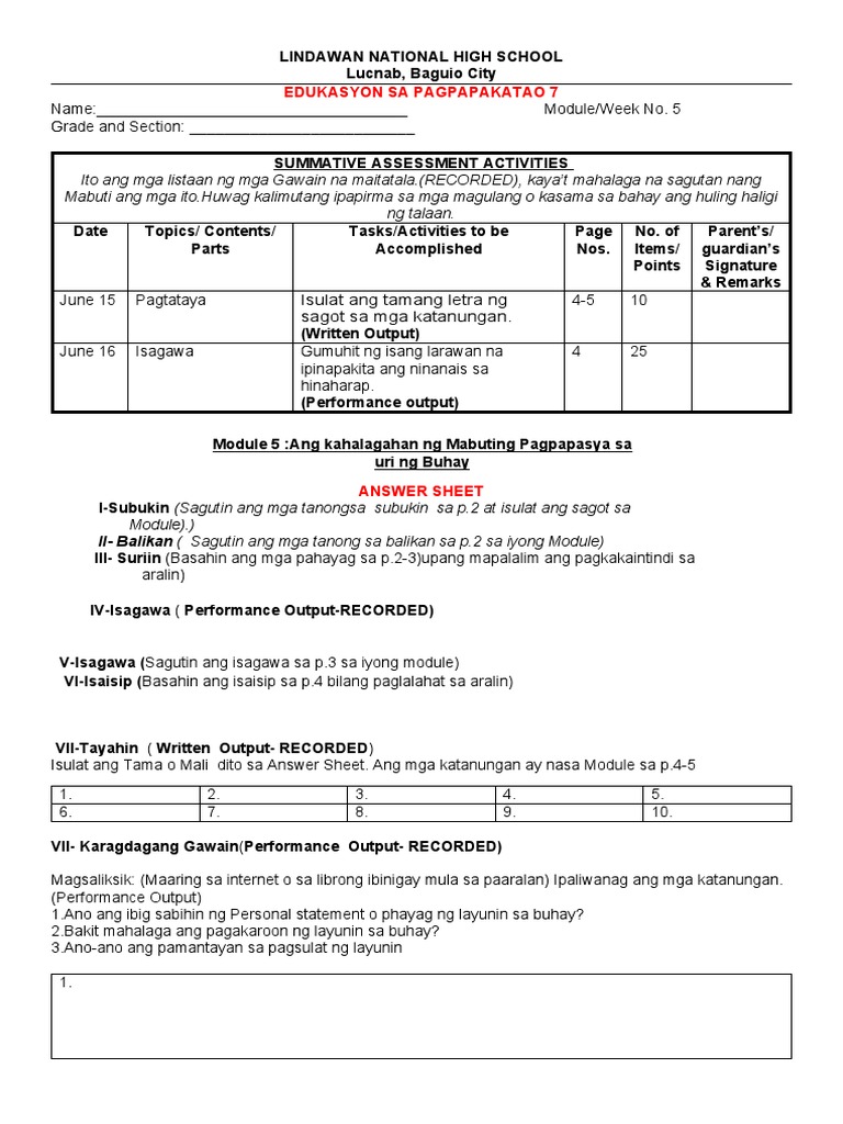 Answer Sheet WEEK 5 ESP | PDF