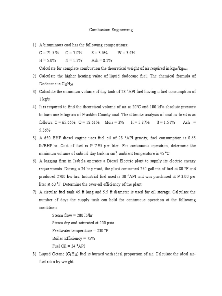 Combustion Engineering Problem Sets | PDF