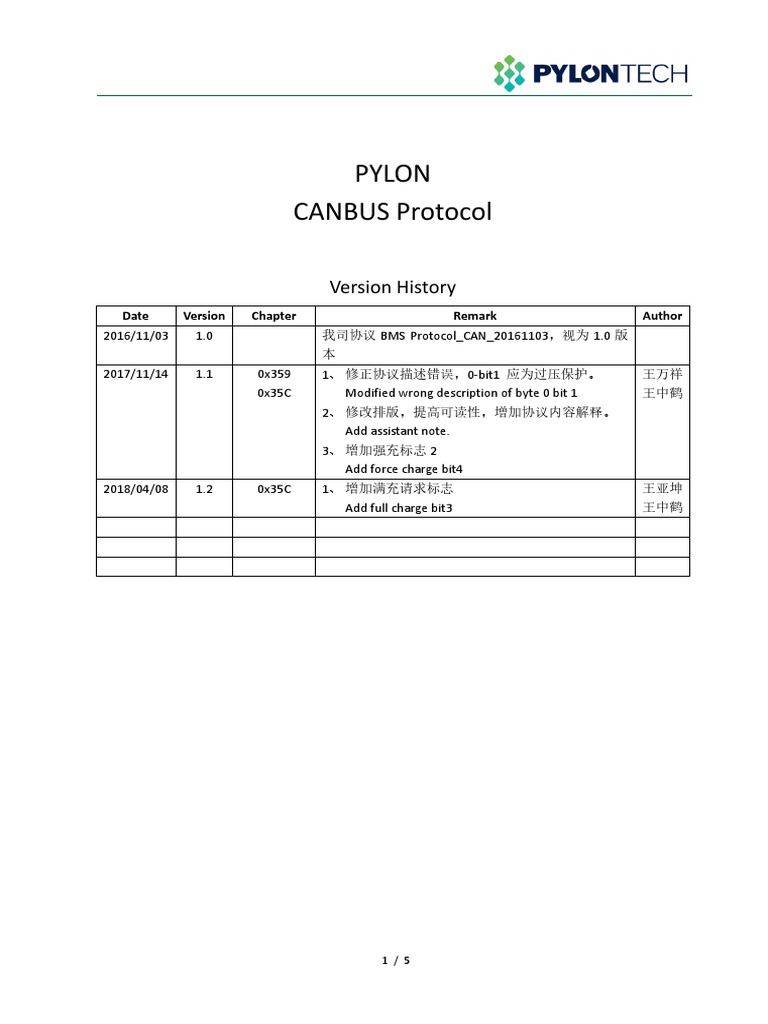 CAN Bus Protocol PYLON Low Voltage V1.2 20180408 | PDF | Integer (Computer Science) | Bit