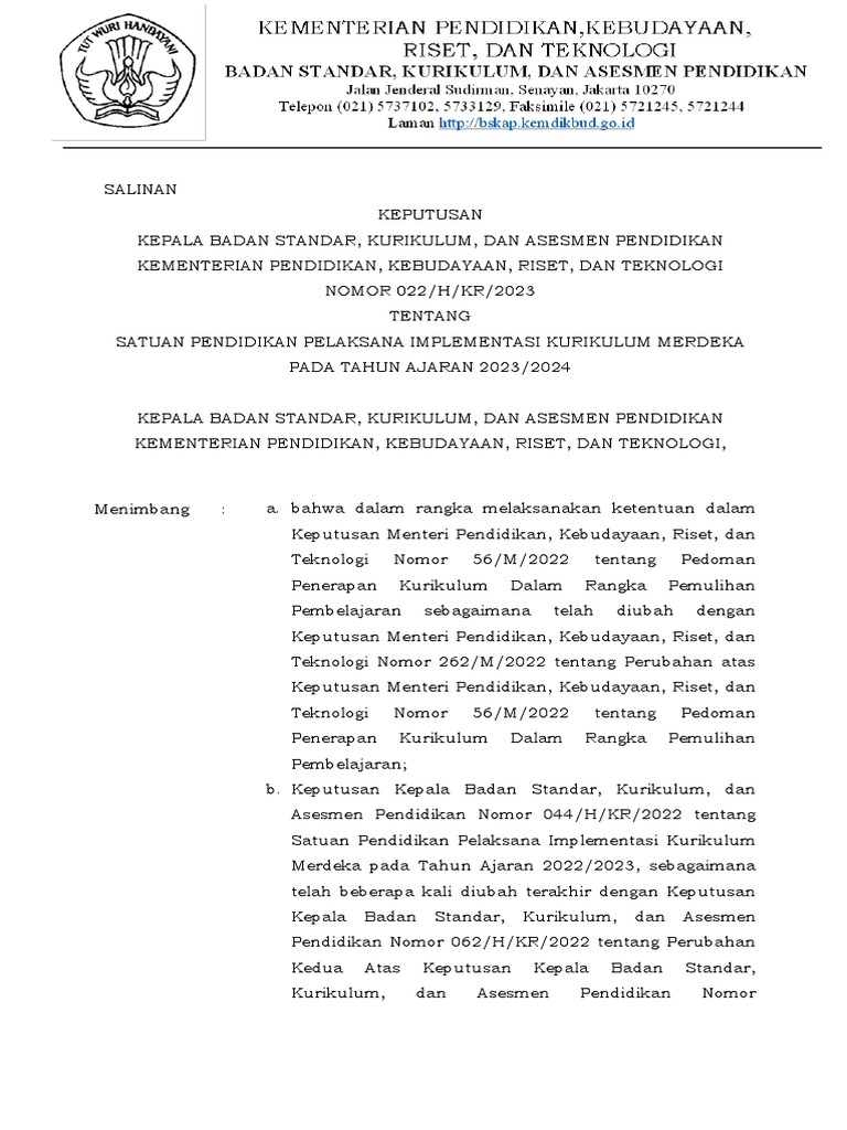 SK Nomor 022 - H - KR - 2023 Tentang Satuan Pendidikan Pelaksana Implementasi Kurikulum Merdeka ...