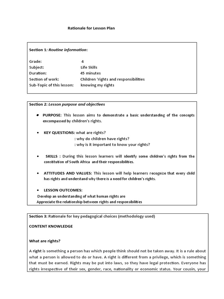Grade 4 Children's Rights Lesson Plan | PDF | Learning | Rights