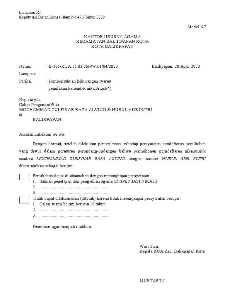 Mochammad Zulfikar Raza Alvino & Nurul Ade Putri Penolakan Kehendak Nikah | PDF