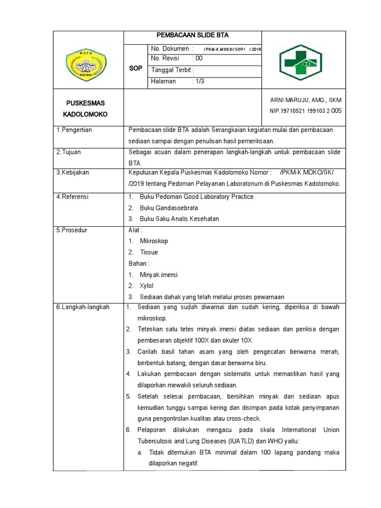 Sop Pemeriksaan Bta | PDF