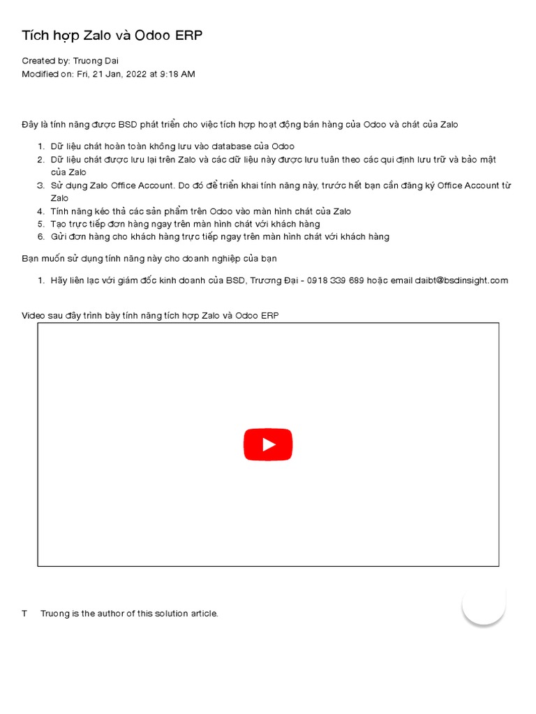 Tích H P Zalo Và Odoo: BSD Support | PDF