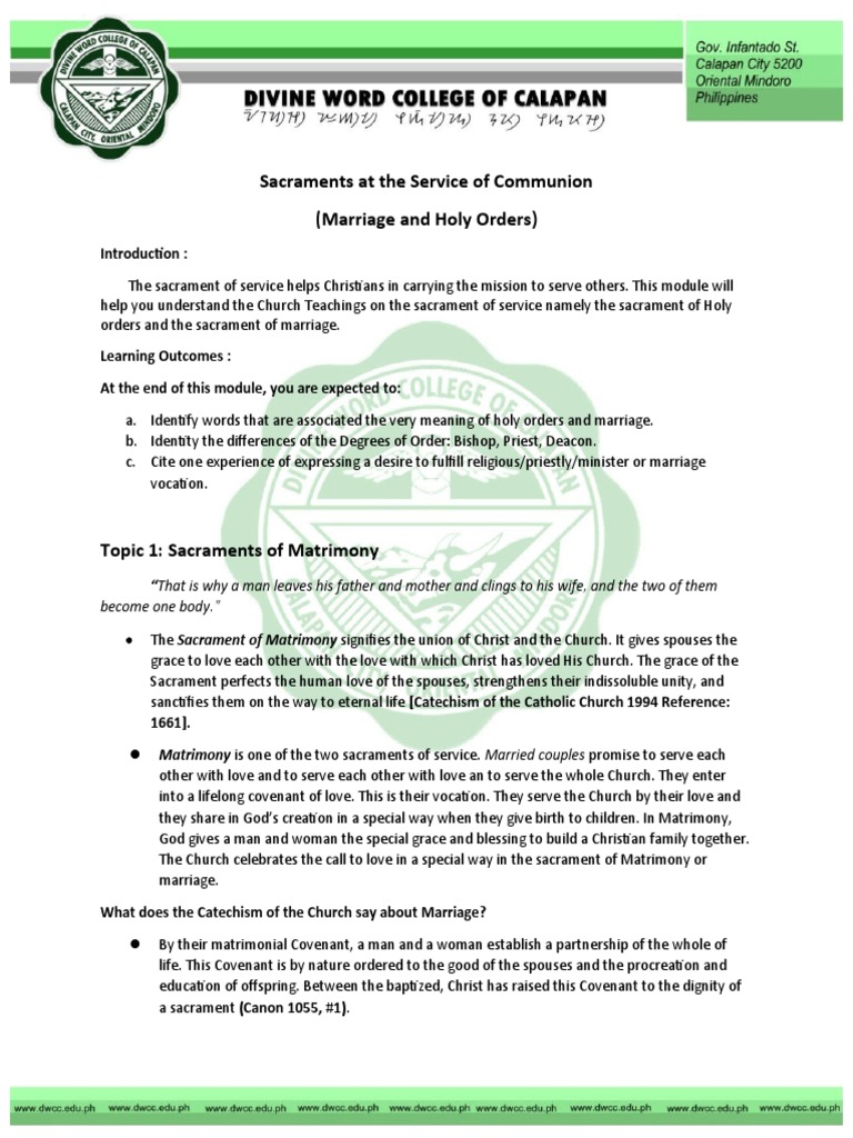 Sacrament of Marriage and Holy Order | PDF | Priest | Catholic Church