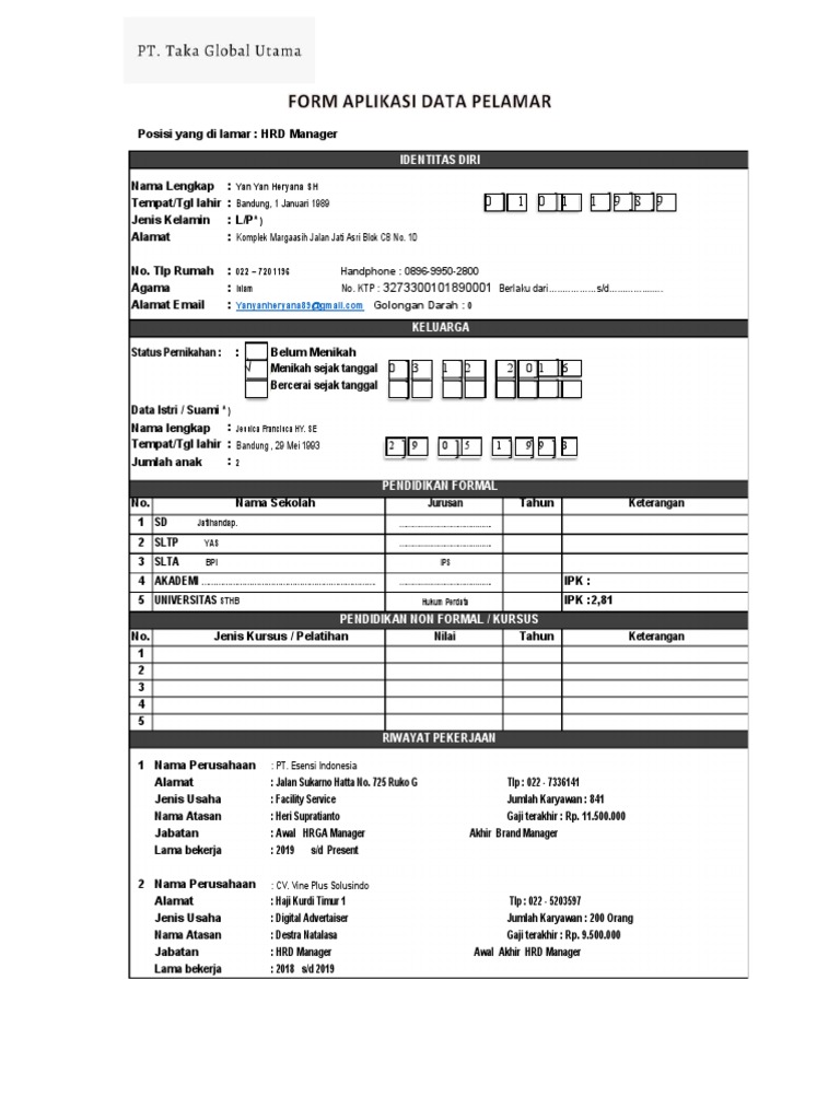 01 Form Data Pelamar Taka | PDF