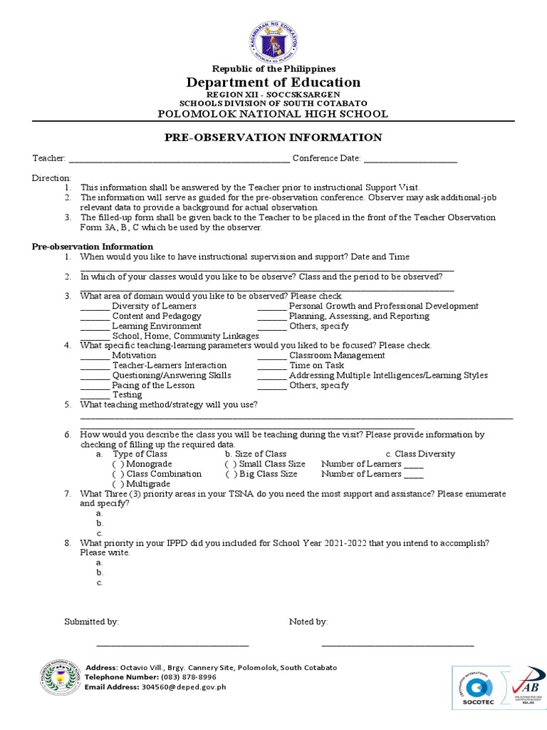Pre Observation Information | PDF | Teachers | Learning