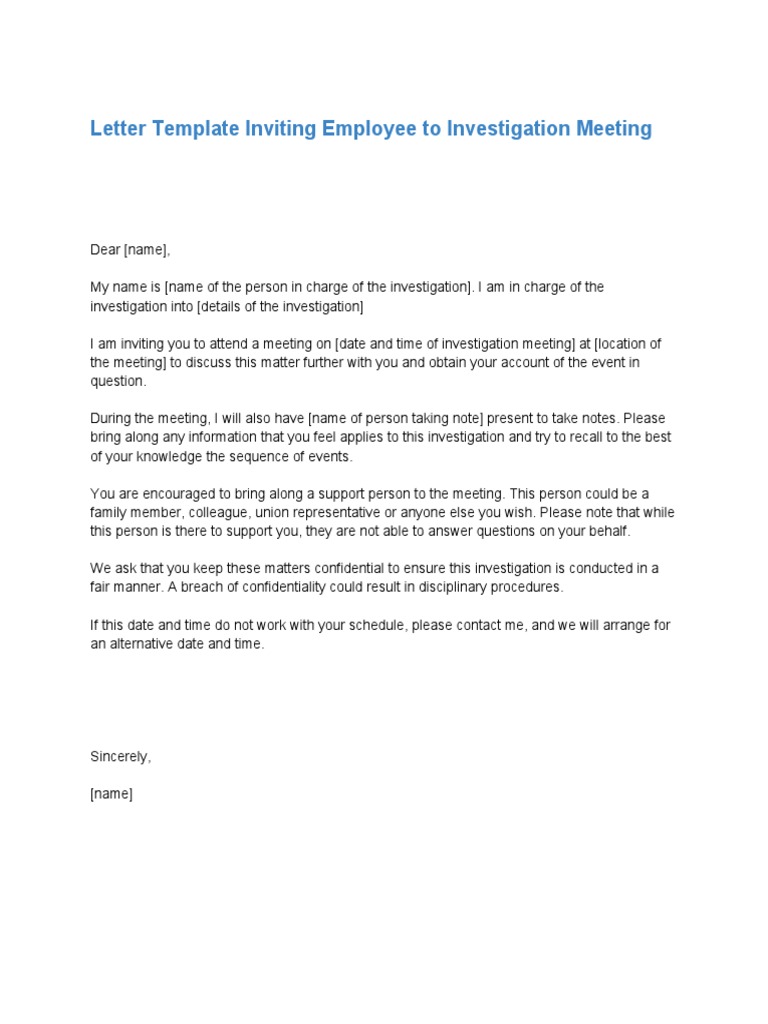 Letter Template Inviting Employee To Investigation Meeting | PDF