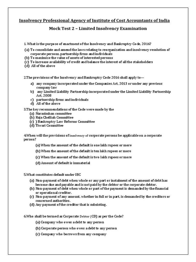 Mock Test 2 | PDF | Bankruptcy | Insolvency