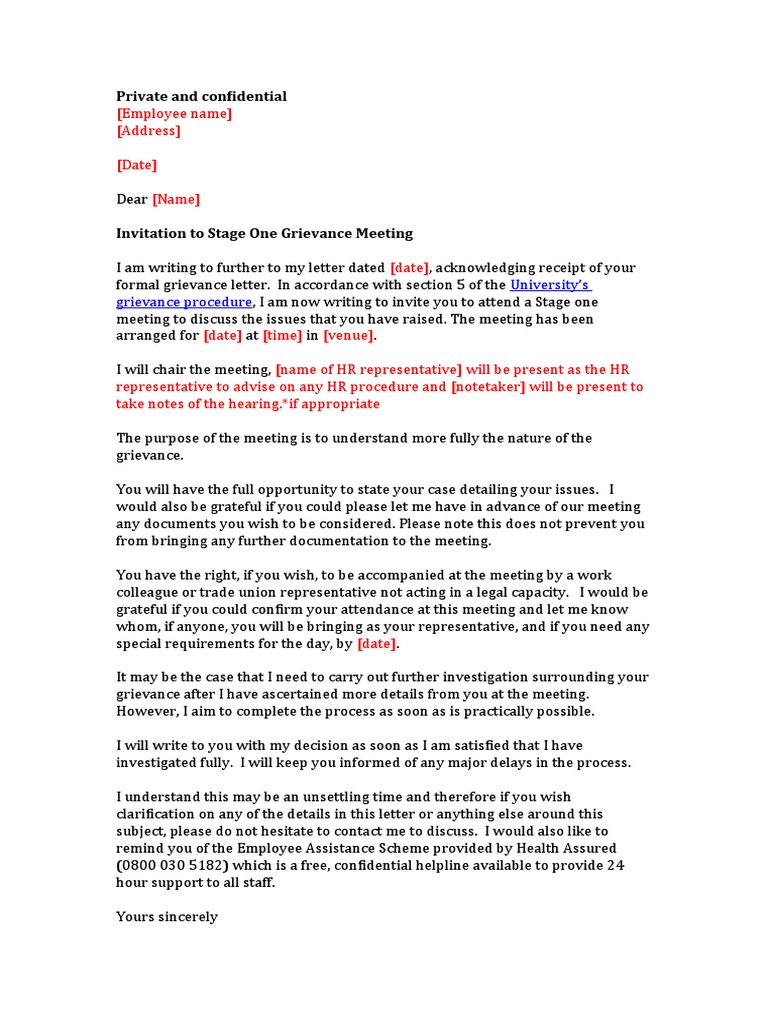 Invite To Stage 1 Grievance Meeting | PDF