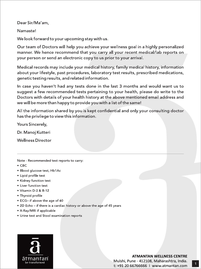 Atmantan Health & Wellness Questionnaire | PDF