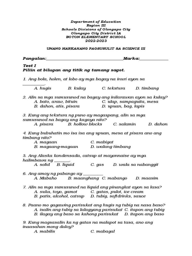 1st Periodical Test in Science 3 2022-2023 | PDF