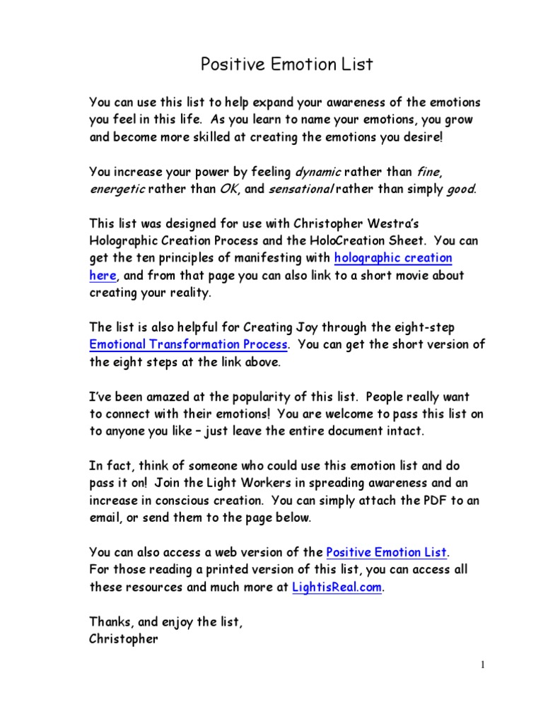 Positive Emotion List | PDF | Emotions