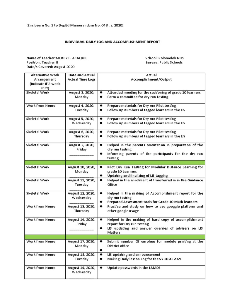 WFH Accomplishment Report 2020 | PDF | Learning