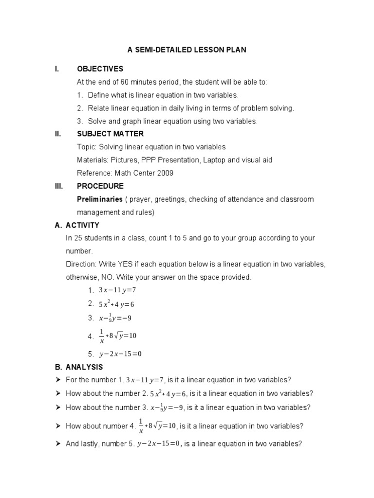 Semi Detailed Lesson Plan Linear Equation | PDF | Equations | Mathematical Analysis