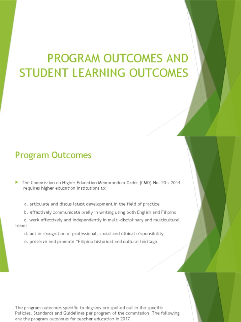 1program Outcomes and Student Learning Outcome | PDF | Learning | Cognitive Psychology