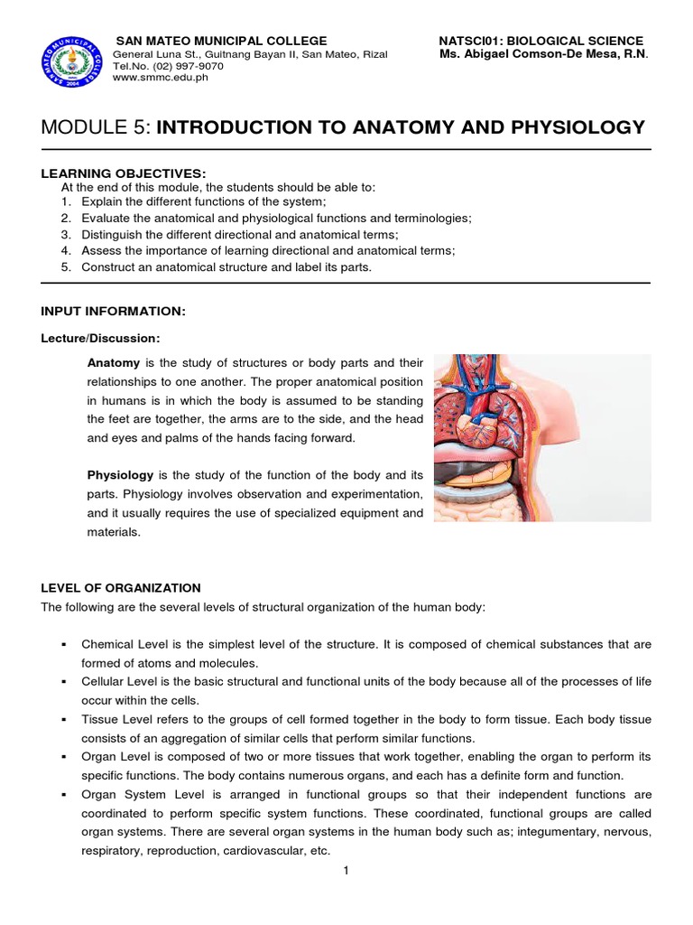 NS001 Module 5. Introduction To Anatomy and Physiology | PDF ...