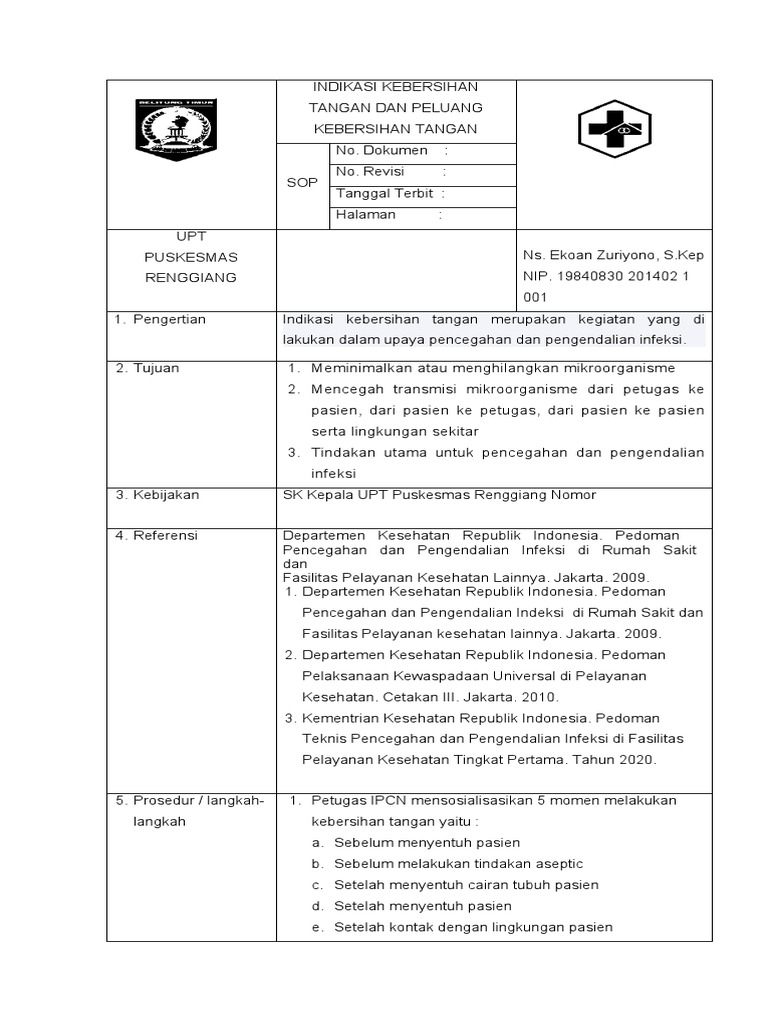 Sop Indikasi Kebersihan Tangan Dan Peluang Kebersihan Tangan | PDF