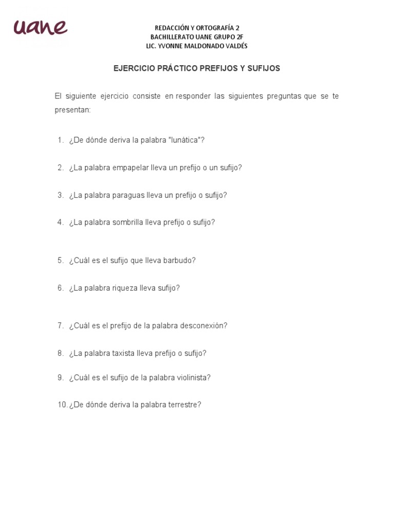Ejercicio Prefijos y Sufijos | PDF