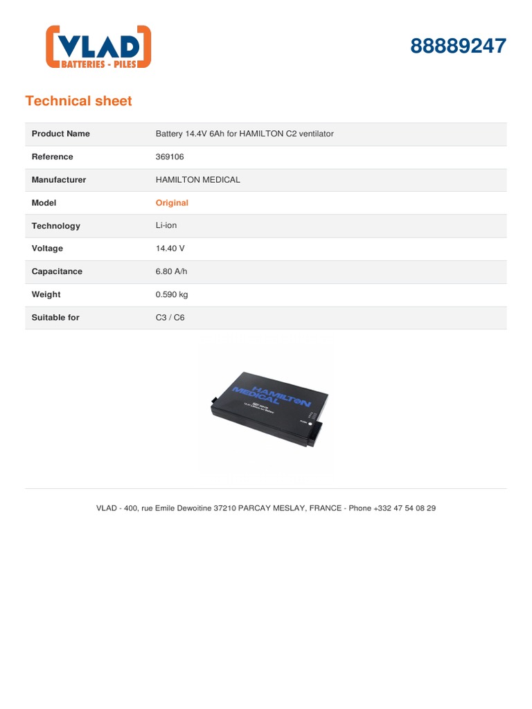 Technical Sheet: Battery 14.4V 6ah For HAMILTON C2 Ventilator 369106 ...