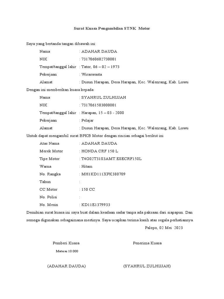 Surat Kuasa Pengambilan STNK Motor | PDF