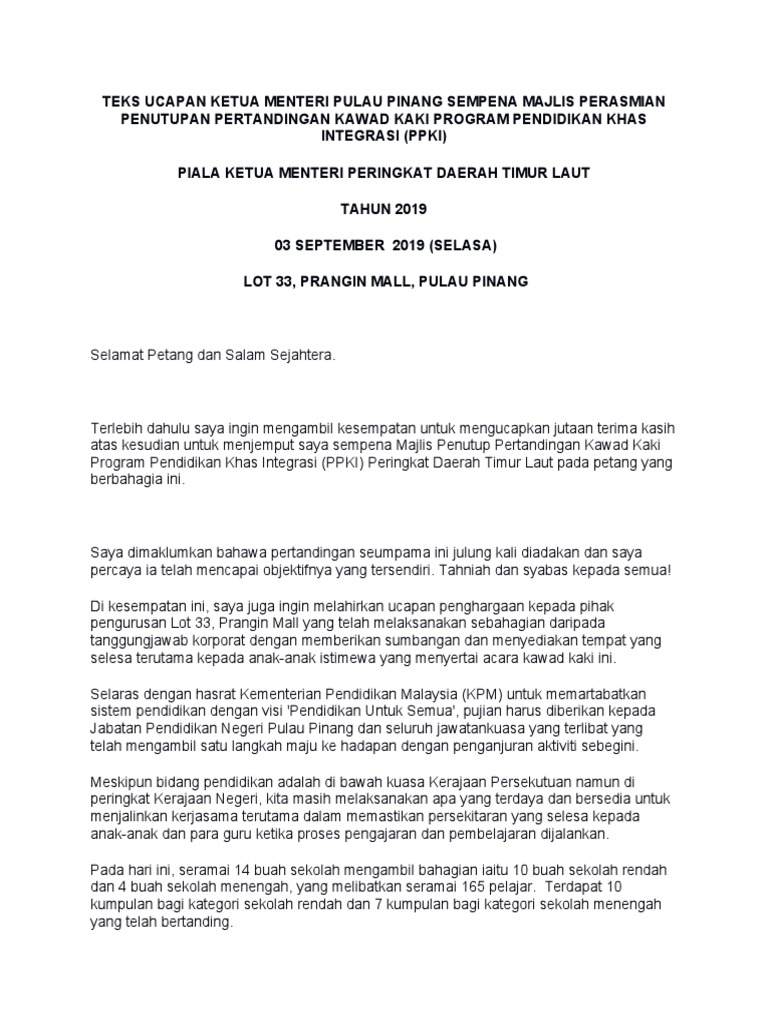 Teks Ucapan Ketua Menteri Pulau Pinang Sempena Majlis Perasmian ...